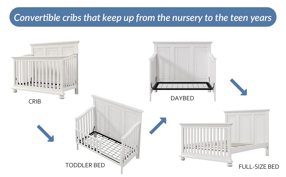 Pvillez Farmhouse Style 4-in-1 Convertible Crib, Full Size Convertible Crib, Converts from Baby Crib to Toddler Bed, Daybed and Full-Size Bed, 3 Mattress Height Settings (White)