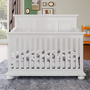 Pvillez Farmhouse Style 4-in-1 Convertible Crib, Full Size Convertible Crib, Converts from Baby Crib to Toddler Bed, Daybed and Full-Size Bed, 3 Mattress Height Settings (White)