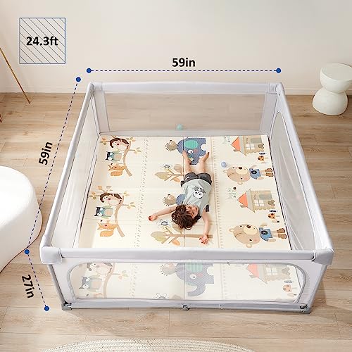 Sweeby Baby Playpen, Portable Foldable Baby PlayPens for Babies and Toddlers with Gate, 59x59 Large Baby Play Yards with Door, Indoor & Outdoor Playpen, Light Grey