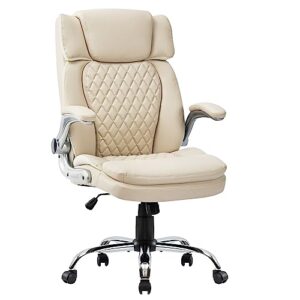 HOMYEDAMIC High Back Office Chair with Adjustable Arms, PU Leather Computer Executive Chairs Big Tall Swivel Ergonomic Adjustable Tilt Angle, Wide Thick Seat, Design for Back Pain(Beige)