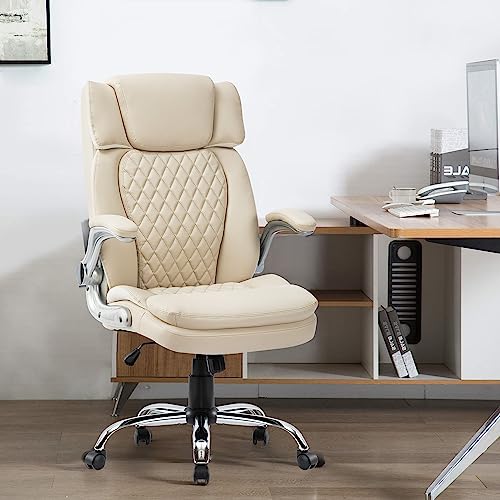 HOMYEDAMIC High Back Office Chair with Adjustable Arms, PU Leather Computer Executive Chairs Big Tall Swivel Ergonomic Adjustable Tilt Angle, Wide Thick Seat, Design for Back Pain(Beige)