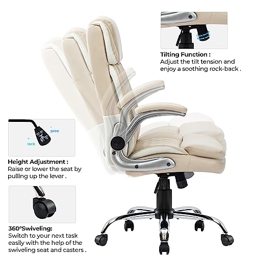 HOMYEDAMIC High Back Office Chair with Adjustable Arms, PU Leather Computer Executive Chairs Big Tall Swivel Ergonomic Adjustable Tilt Angle, Wide Thick Seat, Design for Back Pain(Beige)