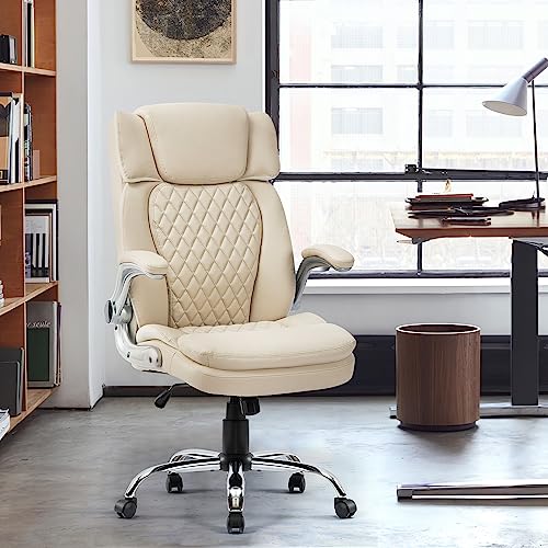 HOMYEDAMIC High Back Office Chair with Adjustable Arms, PU Leather Computer Executive Chairs Big Tall Swivel Ergonomic Adjustable Tilt Angle, Wide Thick Seat, Design for Back Pain(Beige)