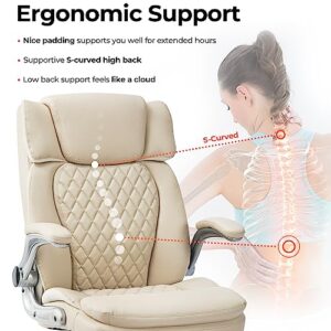 HOMYEDAMIC High Back Office Chair with Adjustable Arms, PU Leather Computer Executive Chairs Big Tall Swivel Ergonomic Adjustable Tilt Angle, Wide Thick Seat, Design for Back Pain(Beige)