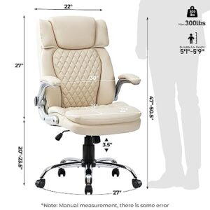 HOMYEDAMIC High Back Office Chair with Adjustable Arms, PU Leather Computer Executive Chairs Big Tall Swivel Ergonomic Adjustable Tilt Angle, Wide Thick Seat, Design for Back Pain(Beige)