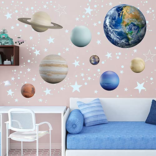 Glow in The Dark Stars Solar System Wall Decals, The Earth Wall Stickers for Bedroom, Baby Nursery Planets Sticker Decoration for Ceiling (Blue)