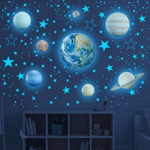 Glow in The Dark Stars Solar System Wall Decals, The Earth Wall Stickers for Bedroom, Baby Nursery Planets Sticker Decoration for Ceiling (Blue)