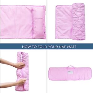 Toddler Nap Mat with Pillow & Removable Blanket, Kids Nap Mat for Toddler Boys Girls, Super Soft and Cozy, Nap Mat for Daycare, Preschool,Kindergarten, Kids Sleeping Bag, Purple, 21” x 50”