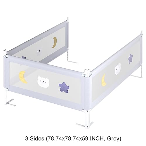 omzer Bed Rail for Toddlers - Baby Bed Guard Rail with Double Child Lock, Safety Bedrail for Children Kids with Pattern, Infants Height Adjustment Guardrail for Queen Size Bed - 3 Pack, 78.7x78.7x59”