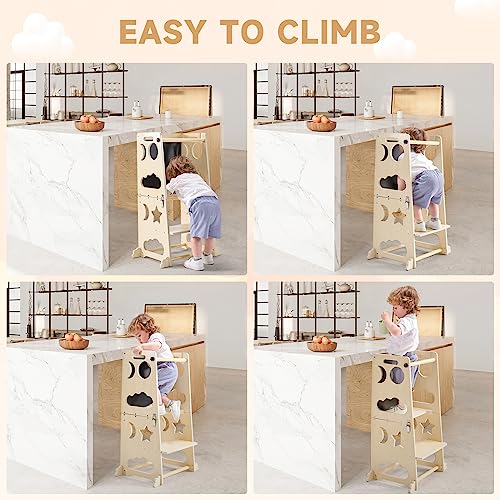 Toddler Kitchen Stool Helper with Chalkboard & Safety Rail, 3 in 1 Learning Tower Toddler Step Stool Kitchen Helper for Bathroom Sink, Kids Folding Step Stool, Standing Tower for Toddlers 1-3