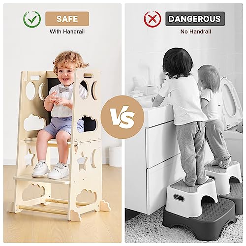 Toddler Kitchen Stool Helper with Chalkboard & Safety Rail, 3 in 1 Learning Tower Toddler Step Stool Kitchen Helper for Bathroom Sink, Kids Folding Step Stool, Standing Tower for Toddlers 1-3