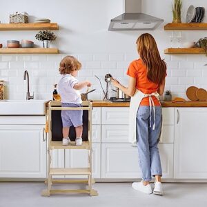 Toddler Kitchen Stool Helper with Chalkboard & Safety Rail, 3 in 1 Learning Tower Toddler Step Stool Kitchen Helper for Bathroom Sink, Kids Folding Step Stool, Standing Tower for Toddlers 1-3