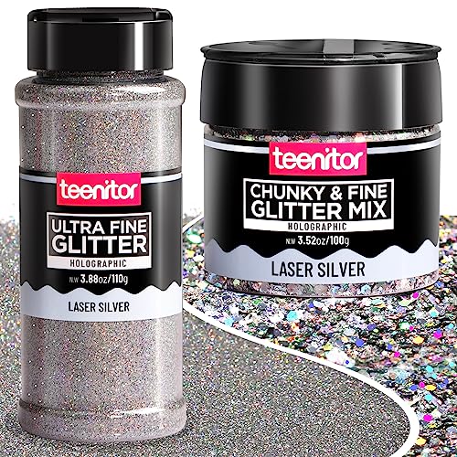 Holographic Ultra Fine Glitter & Chunky Glitters, Teenitor 110g Resin Glitter and 100g Chunky Craft Glitter, Nail Glitters, Festival Glitters for Epoxy Resin Tumblers Body Hair Face Crafts-Silver