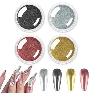 allstarry chrome nail powder, 4 colors metallic effect mirror chrome powder pigment shiny holographic manicure pigment gold siver nail fine glitter dust kit for gel polish manicure decoration