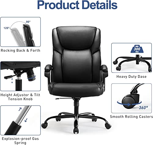 Executive Office Chair - Height Adjustable High Back Computer Chair, Ergonomic Home Office Desk Chair with Wheels, Armrest, and Headrest - 360° Swivel PU Leather Chair for Adults, Black.