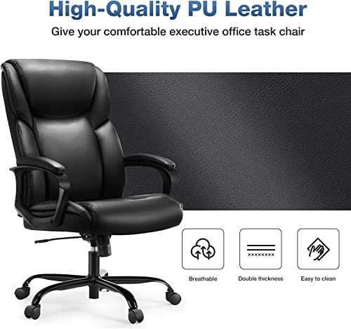 Executive Office Chair - Height Adjustable High Back Computer Chair, Ergonomic Home Office Desk Chair with Wheels, Armrest, and Headrest - 360° Swivel PU Leather Chair for Adults, Black.