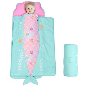 cloele toddler nap mat with removable pillow and blanket - pink mermaids toddler sleeping bag - 48 x 20 rolled and portable kid's sleeping mat for toddler girls preschool daycare travel sleeping bag