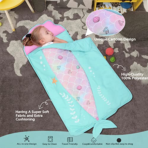 Cloele Toddler Nap Mat with Removable Pillow and Blanket - Pink Mermaids Toddler Sleeping Bag - 48 x 20 Rolled and Portable Kid's Sleeping Mat for Toddler Girls Preschool Daycare Travel Sleeping Bag