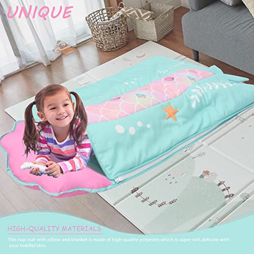 Cloele Toddler Nap Mat with Removable Pillow and Blanket - Pink Mermaids Toddler Sleeping Bag - 48 x 20 Rolled and Portable Kid's Sleeping Mat for Toddler Girls Preschool Daycare Travel Sleeping Bag