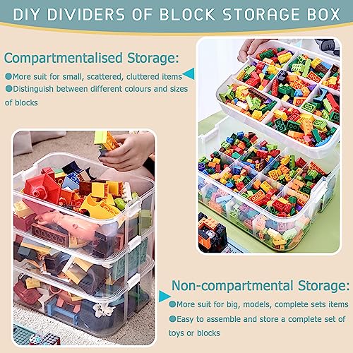 Cube Storage Organizer Bins for Lego Plastic Kids Child Toy Containers with Bricks Baseplate Lids Craft Box 3 Layers Stackable Adjustable Compartments for Building Blocks Puzzle Board Game Chest Book Case