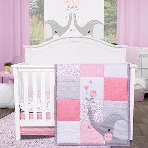 cloele elephant crib bedding set for girls - 3 piece standard size baby bedding set includes crib comforter fitted sheet crib skirt - pink floral nursery bedding set baby crib set for girls