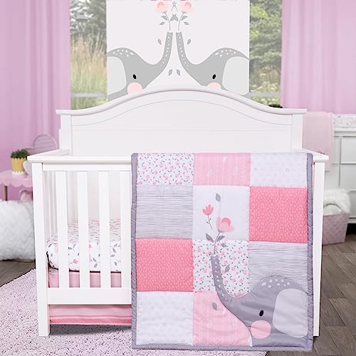 Cloele Elephant Crib Bedding Set for Girls - 3 Piece Standard Size Baby Bedding Set Includes Crib Comforter Fitted Sheet Crib Skirt - Pink Floral Nursery Bedding Set Baby Crib Set for Girls