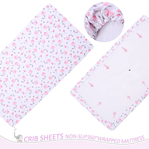 Cloele Elephant Crib Bedding Set for Girls - 3 Piece Standard Size Baby Bedding Set Includes Crib Comforter Fitted Sheet Crib Skirt - Pink Floral Nursery Bedding Set Baby Crib Set for Girls