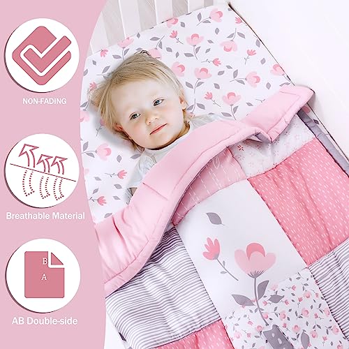 Cloele Elephant Crib Bedding Set for Girls - 3 Piece Standard Size Baby Bedding Set Includes Crib Comforter Fitted Sheet Crib Skirt - Pink Floral Nursery Bedding Set Baby Crib Set for Girls