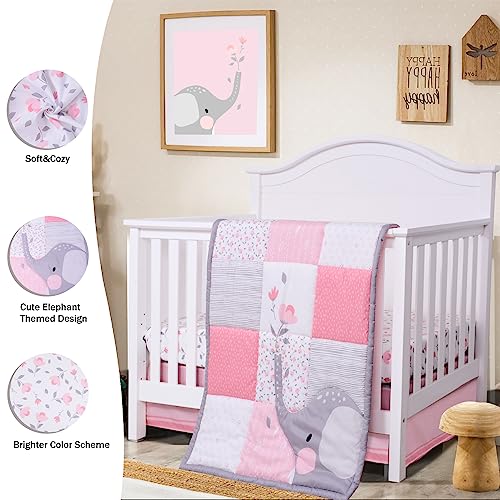 Cloele Elephant Crib Bedding Set for Girls - 3 Piece Standard Size Baby Bedding Set Includes Crib Comforter Fitted Sheet Crib Skirt - Pink Floral Nursery Bedding Set Baby Crib Set for Girls