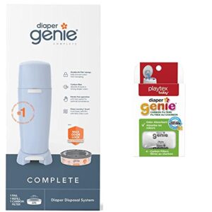 diaper genie complete diaper pail (blue) with antimicrobial odor control, 1 carbon filter & carbon filter (4-pack) | diaper pail odor eliminator & deodorizer