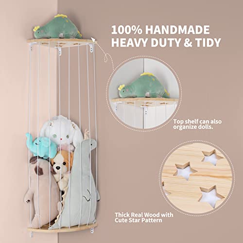 Jtksfcl Stuffed Animal Storage Wood Corner Plush Toys Holder with Star Pattern, Length Adjustable Hanging Stuffed Animal Toy Organizer Shelf for Nursery Play Room Bedroom Kid Room