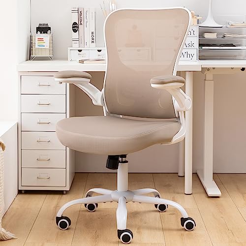 Office Chair Ergonomic Desk Chair - PU Leather Thick Cushion Adjustable Height Computer Chair with Lumbar Support and Flip-up Armrests, Home Office Desk Chairs, Swivel Executive Task Chair, Khaki