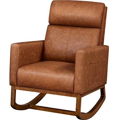 Topeakmart Nursery Rocking Chair, PU Leather Modern Accent Chair with Wood Legs Side Pocket Armchair Glider Rocker for Nursery Living Room Bedroom Lounge, Brown