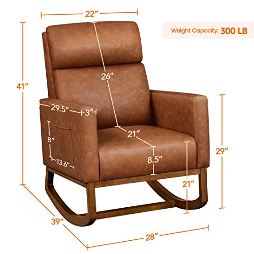 Topeakmart Nursery Rocking Chair, PU Leather Modern Accent Chair with Wood Legs Side Pocket Armchair Glider Rocker for Nursery Living Room Bedroom Lounge, Brown