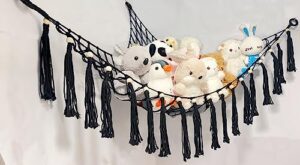 eoesfcb stuffed animals net or hammock toy hammock boho stuff animal storage corner hanging net holder macrame mesh hammock plush toy organizer with tassel for bedroom nursery decor - black