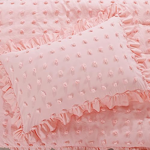 HOMBYS 4 Pieces Pink Princess Toddler Bedding Set for Girls, Boho Pom Pom Kids Comforter Set with Ruffles for All Season