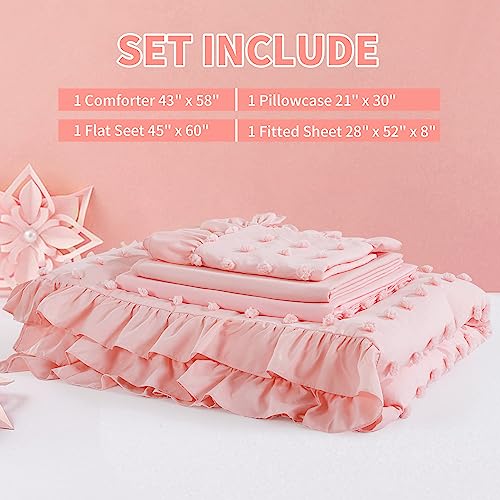 HOMBYS 4 Pieces Pink Princess Toddler Bedding Set for Girls, Boho Pom Pom Kids Comforter Set with Ruffles for All Season