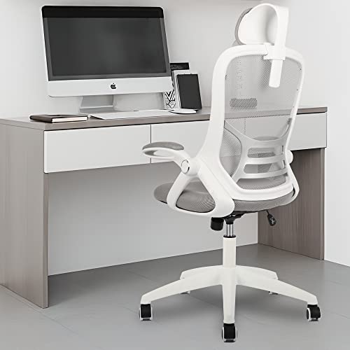 HYLONE Office Chair Executive Mesh Computer Desk Chair Comfortable with Headrest, Flip-up Arms, Adjustable Height, White