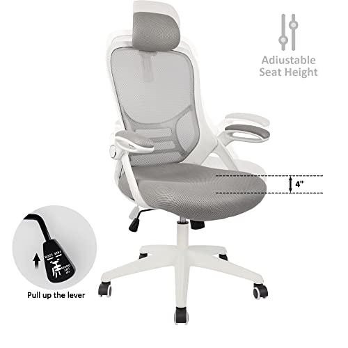 HYLONE Office Chair Executive Mesh Computer Desk Chair Comfortable with Headrest, Flip-up Arms, Adjustable Height, White