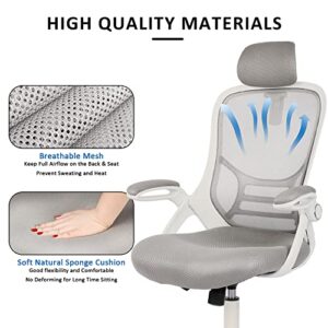 HYLONE Office Chair Executive Mesh Computer Desk Chair Comfortable with Headrest, Flip-up Arms, Adjustable Height, White