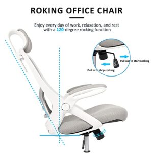 HYLONE Office Chair Executive Mesh Computer Desk Chair Comfortable with Headrest, Flip-up Arms, Adjustable Height, White