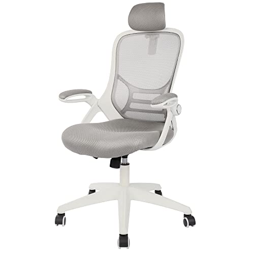 HYLONE Office Chair Executive Mesh Computer Desk Chair Comfortable with Headrest, Flip-up Arms, Adjustable Height, White