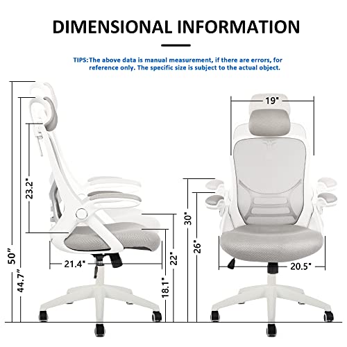 HYLONE Office Chair Executive Mesh Computer Desk Chair Comfortable with Headrest, Flip-up Arms, Adjustable Height, White