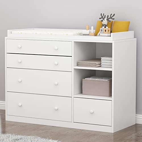 AIEGLE Nursery Dresser Baybe Dresser, White Bedroom Dresser with 5 Drawers & Storage Shelves, Wood Chest of Drawers Organizer for Nursery Bedroom (47.6" L x 19.7" W x 36.1" H)