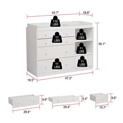 AIEGLE Nursery Dresser Baybe Dresser, White Bedroom Dresser with 5 Drawers & Storage Shelves, Wood Chest of Drawers Organizer for Nursery Bedroom (47.6" L x 19.7" W x 36.1" H)