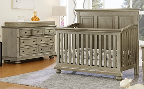 Merax Stone Gray 2 Pieces Furniture, Solid Wood Bedroom Set with 4-in-1 Convertible Crib Changing Topper, 1# Dresser+Bed