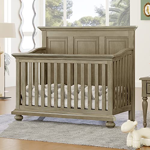 Merax Stone Gray 2 Pieces Furniture, Solid Wood Bedroom Set with 4-in-1 Convertible Crib Changing Topper, 1# Dresser+Bed