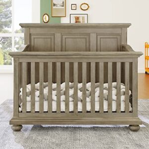 Merax Stone Gray 2 Pieces Furniture, Solid Wood Bedroom Set with 4-in-1 Convertible Crib Changing Topper, 1# Dresser+Bed