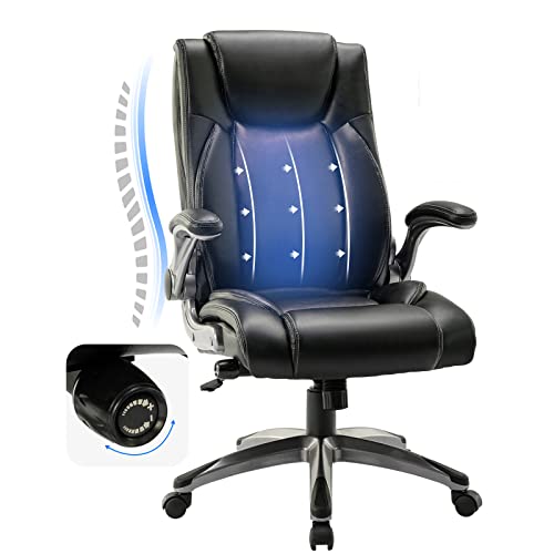 COLAMY Office Chair, Executive High Back Computer Chair, Ergonomic Chair with Adjustable Lumbar Support, Thick Leather Desk Chair Flip-up Arms, Swivel Rolling Work Chair for Adults, Men, Women (Black)