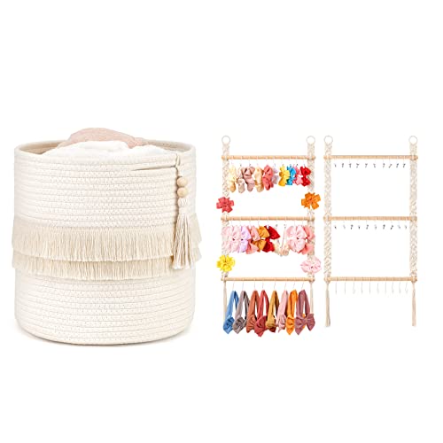 Dahey Hair Bows Organizer for Girls and Macrame Decorative Cotton Rope Storage Basket Boho Nursery Decor for Baby Girls Room